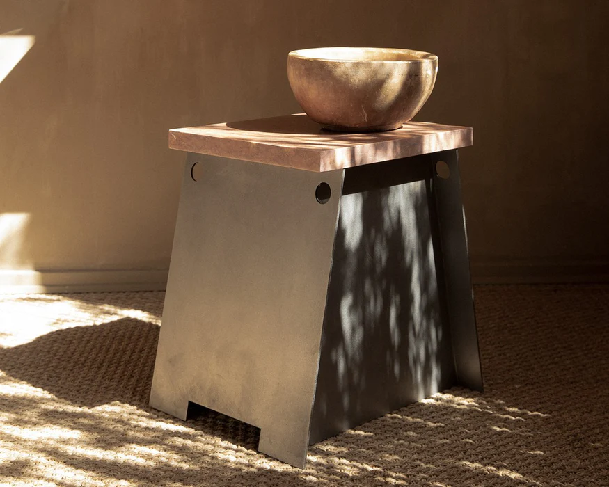 64 Plinth, Corten Steel, Travertine – Wool