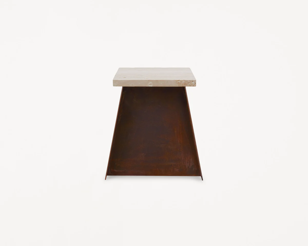 64 Plinth, Corten Steel, Travertine – Wool