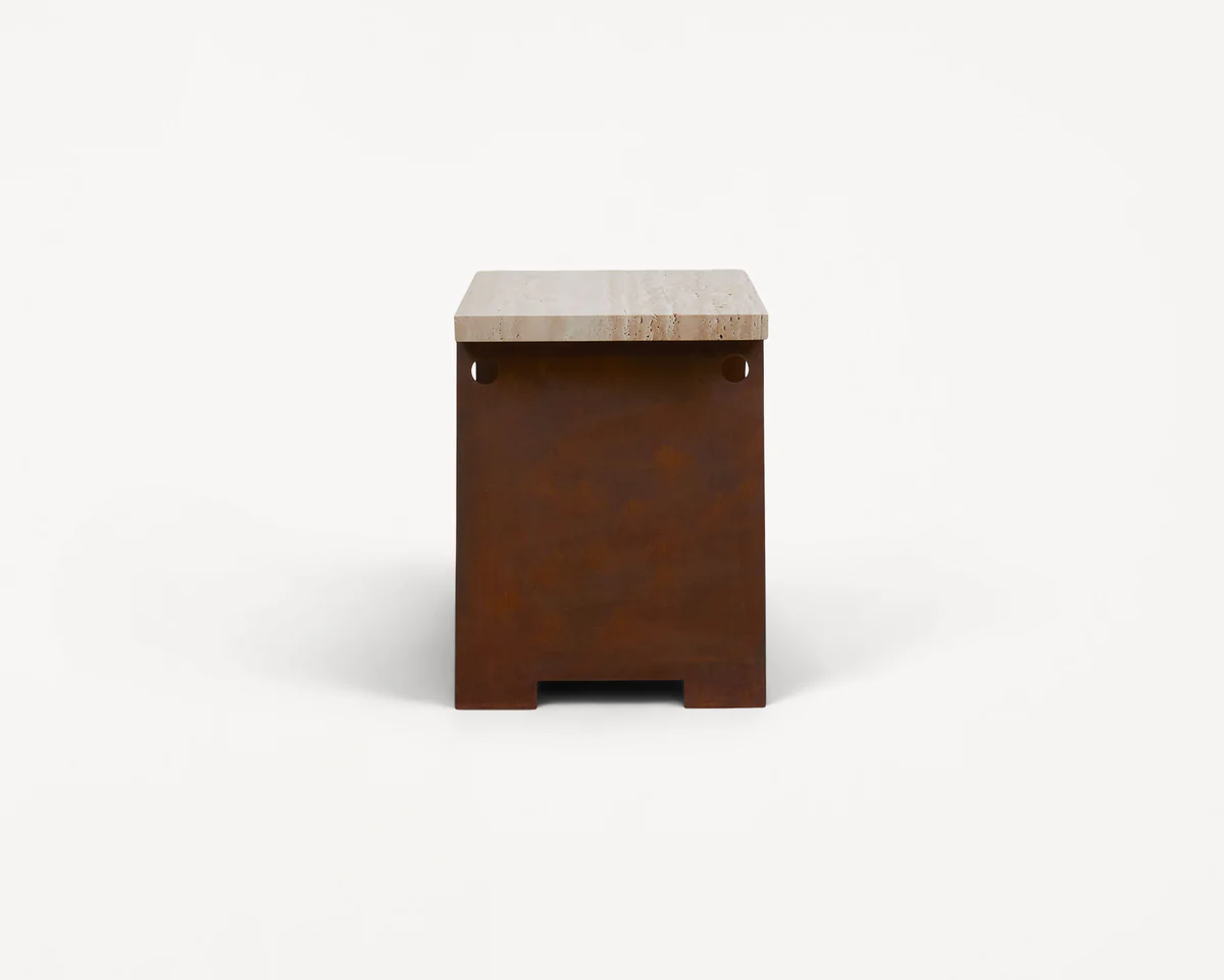 64 Plinth, Corten Steel, Travertine – Wool