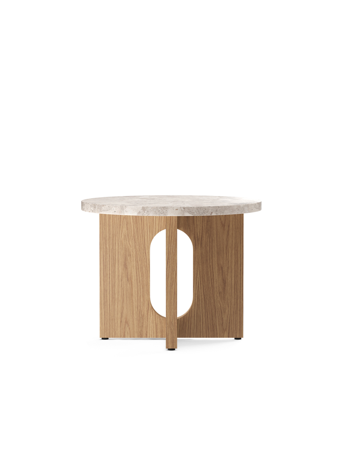 Androgyne Side Table, Dia 50, Oak Base, Kunis Breccia Tabletop – Wool