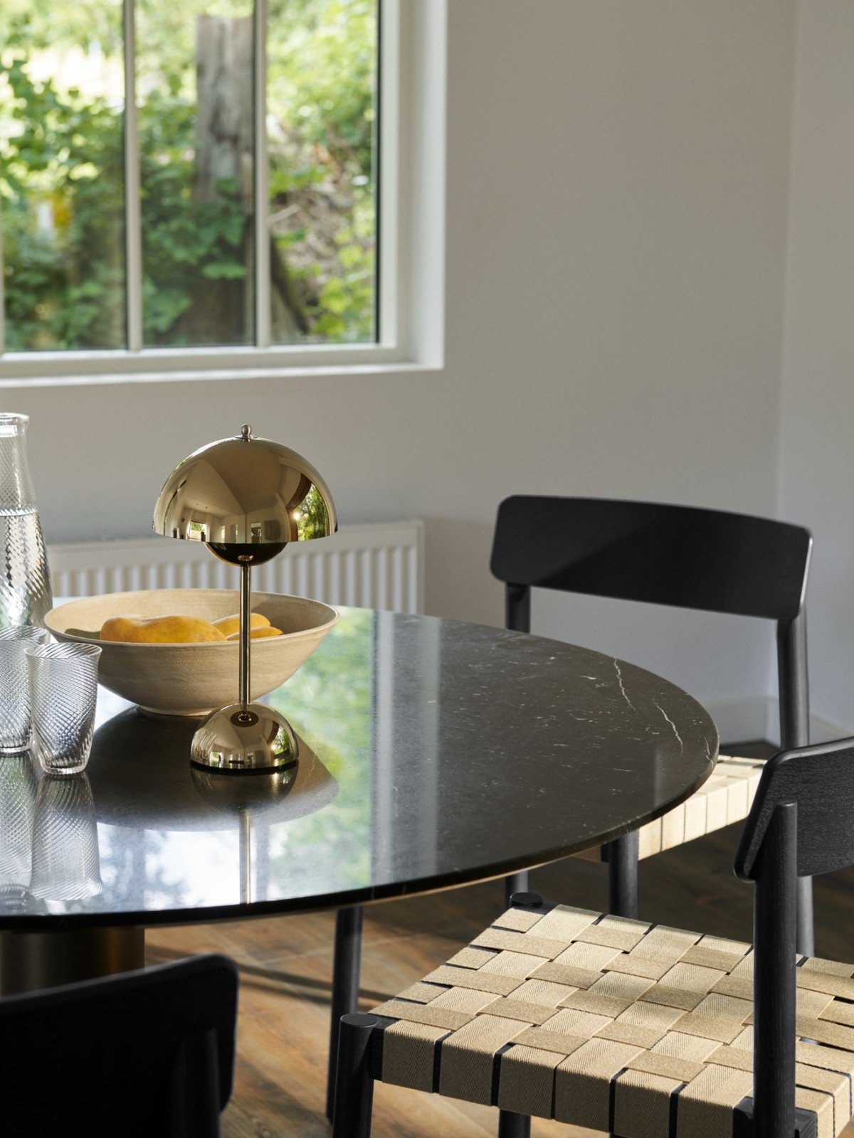 In Between Dining Table SK12, Marble Table Top / Bronzed Center Base – Wool