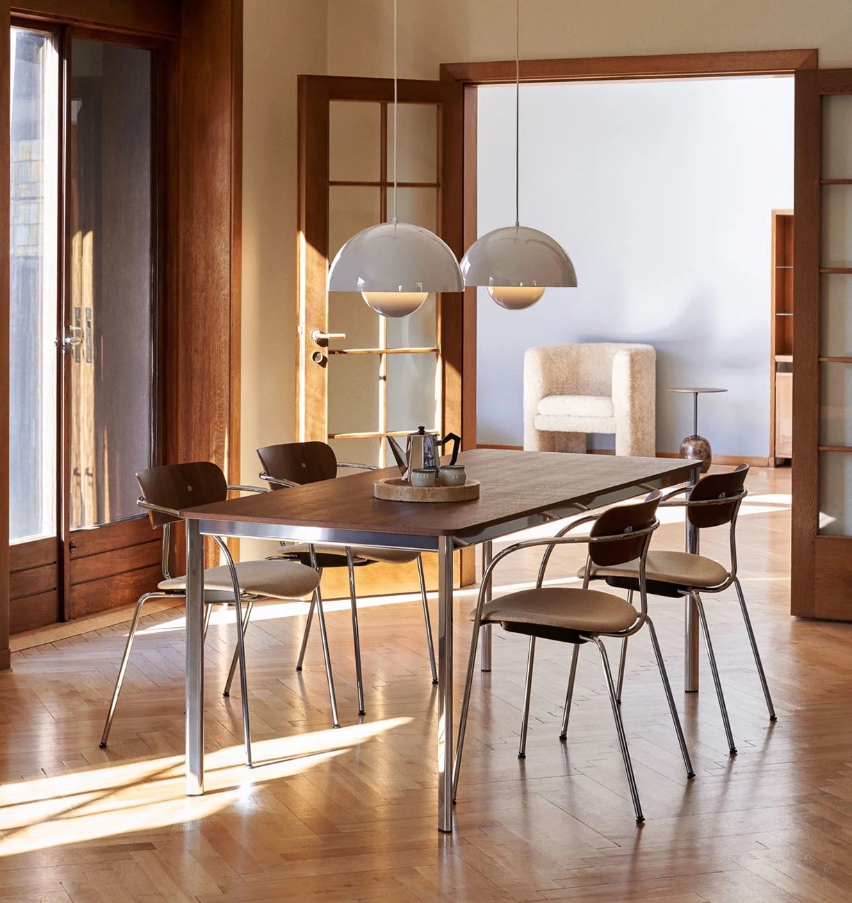 Pavilion Chair AV2, With Armrest, MTO, Chrome Base / Walnut – Wool