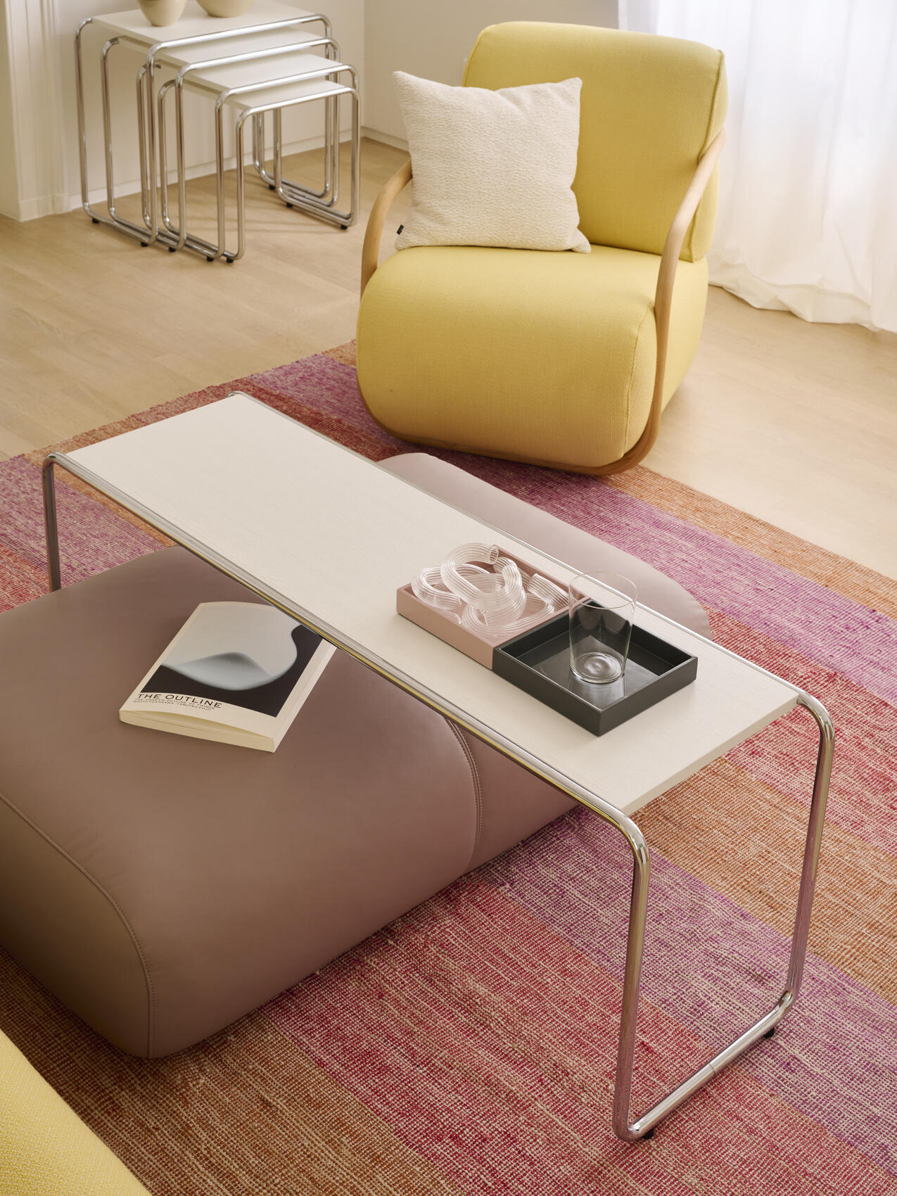 B 10 Side Table, Chrome-plated Frames, Beech Stained Tabletop – Wool