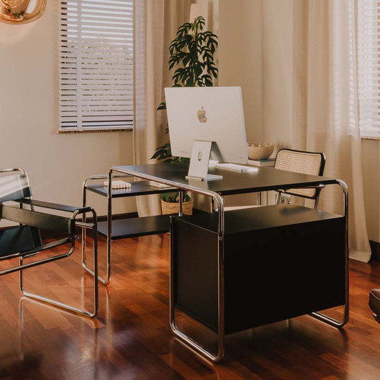 S 285 Writing Desk, Chrome-plated Frames, Beech Stained Tabletop – Wool