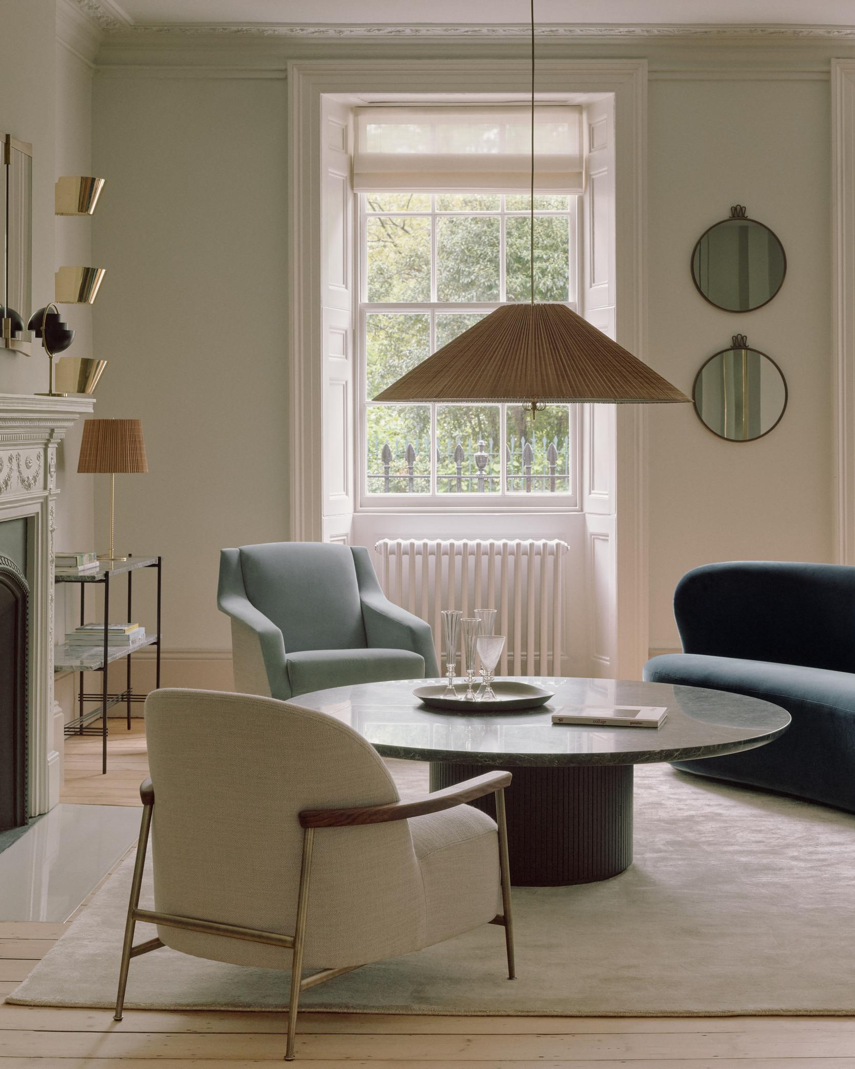 Moon Coffee Table, Ø120, Grey Emperador Marble Top, Wood Base – Wool