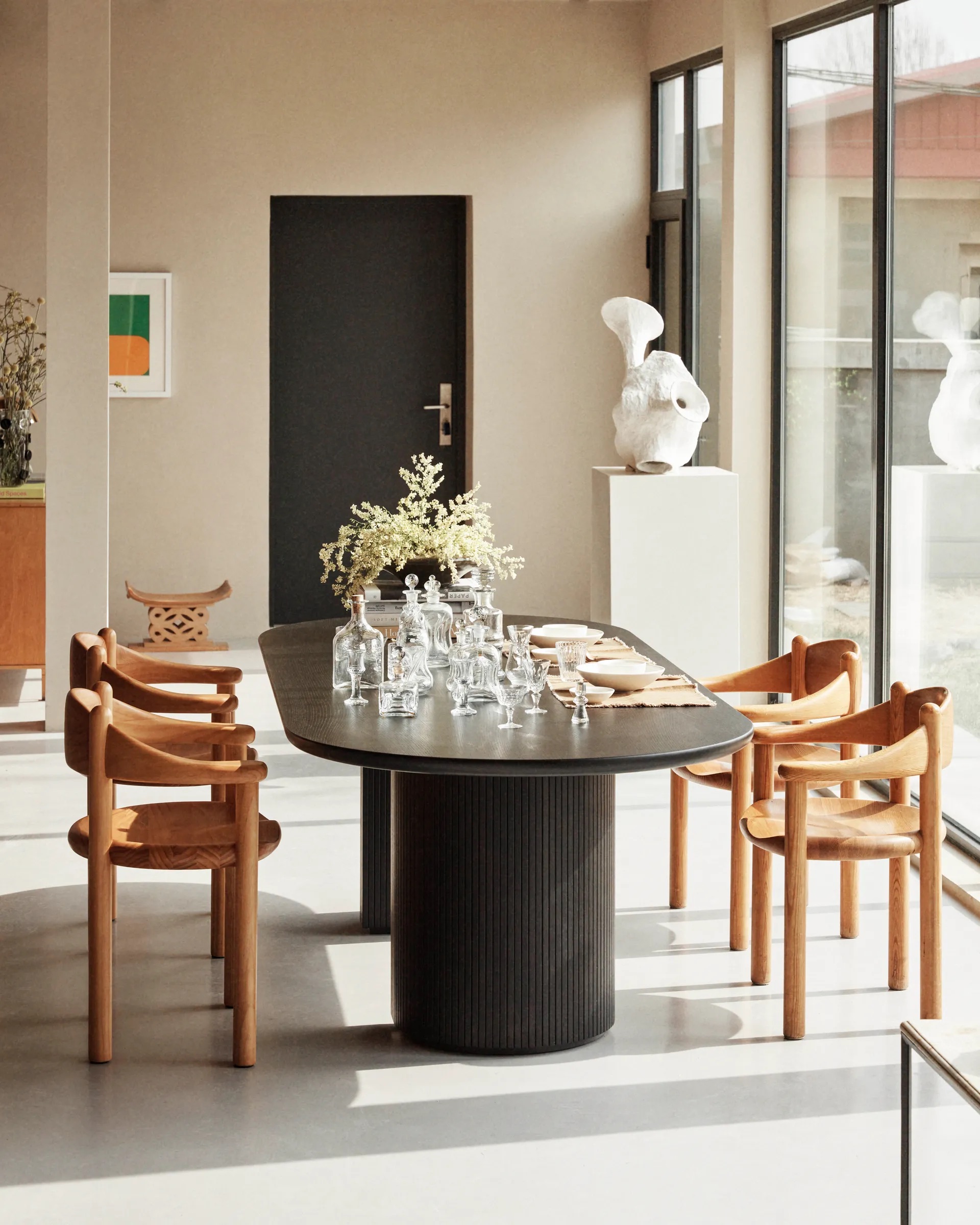 Moon Dining Table, Elliptical, 258×101, Brown/Black Stained Veneer Oak Lacquered Top & Base – Wool